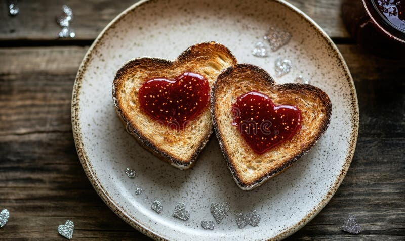 Two Slices of Toast with Strawberry Jam in the Shape of Hearts Stock ...