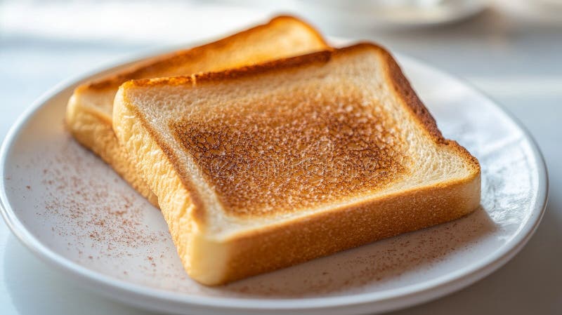 Two Slices of Toasted Bread on a White Plate, Close-up. Breakfast ...