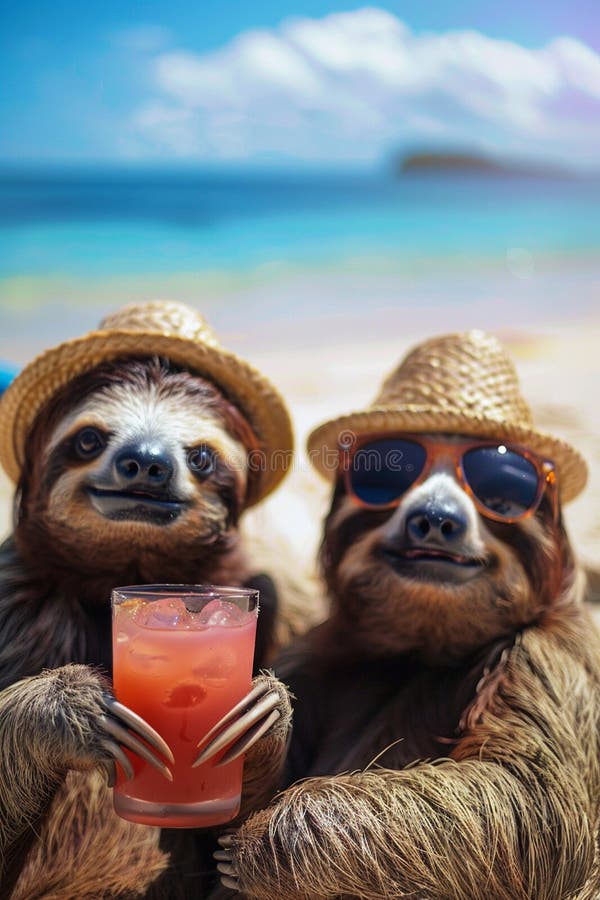 Two Sloths with a Cocktail on the Beach Stock Illustration ...