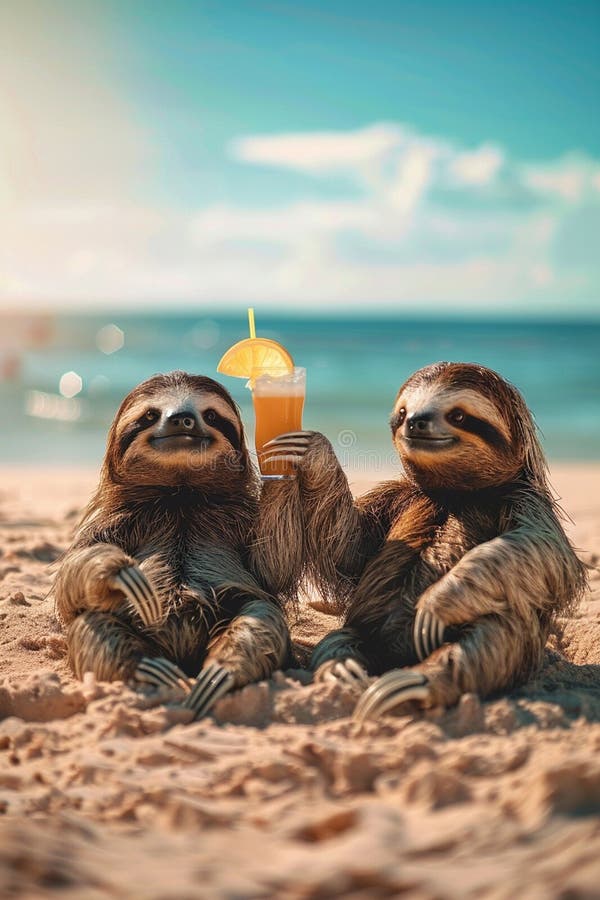 Two Sloths with a Cocktail on the Beach Stock Image - Image of slow ...
