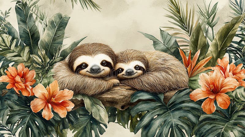 Two Sloths Cuddling Amidst Tropical Foliage Stock Photo - Image of ...