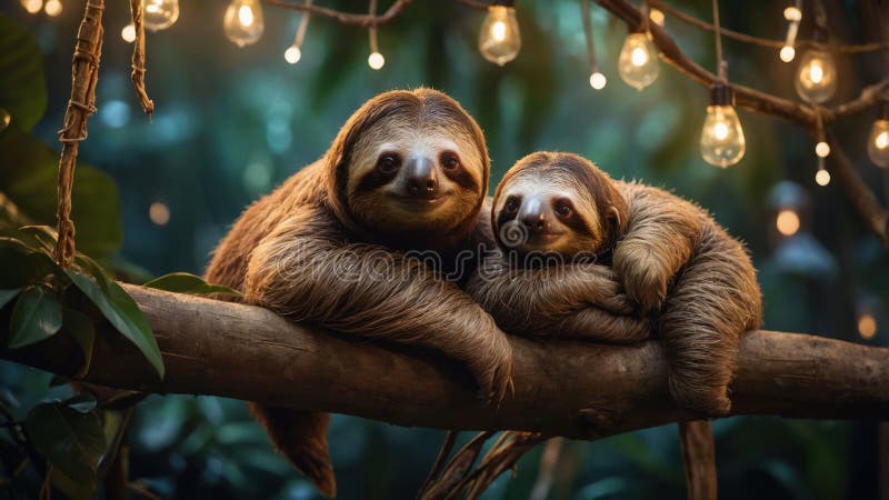 Adorable Sloths Cuddling on a Branch Under Fairy Lights Stock ...