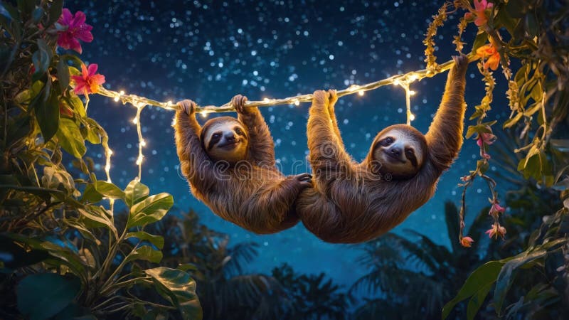 Two Adorable Sloths Hanging on a Twinkling Fairy Light at Night in ...
