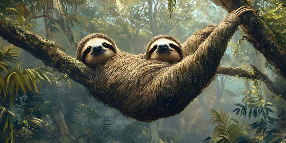 Two Sloths Huddled Together in Rainforest Canopy Stock Illustration ...