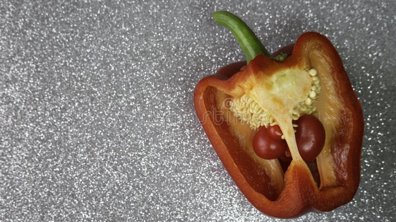 Two Small Bell Peppers Growing Inside a Red One, Silver Glitter ...
