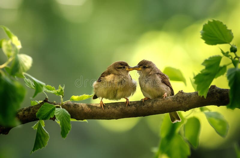 Two Small Birds on a Branch Stock Image - Image of green, avian: 317933853