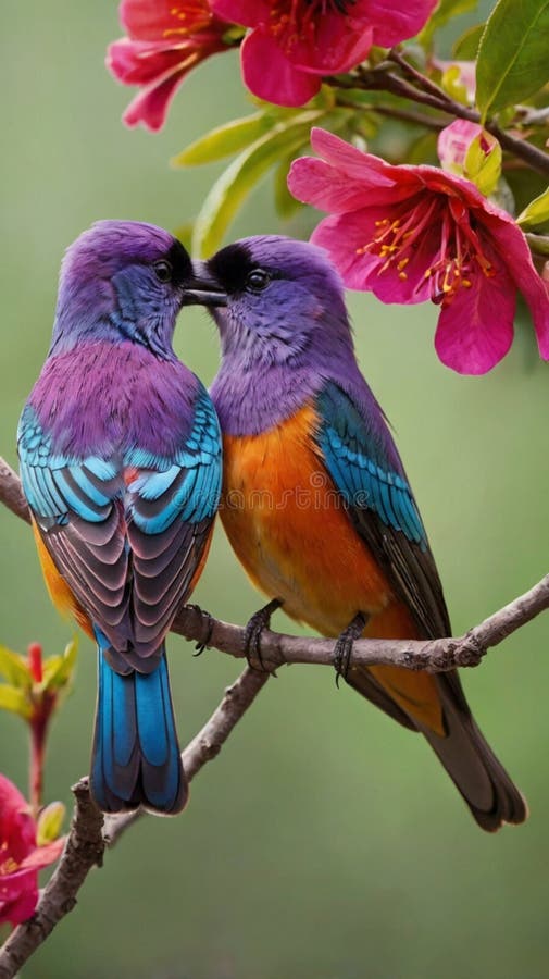Two Birds Perched on a Branch with Blooming Flowers, Mobile Wallpaper ...