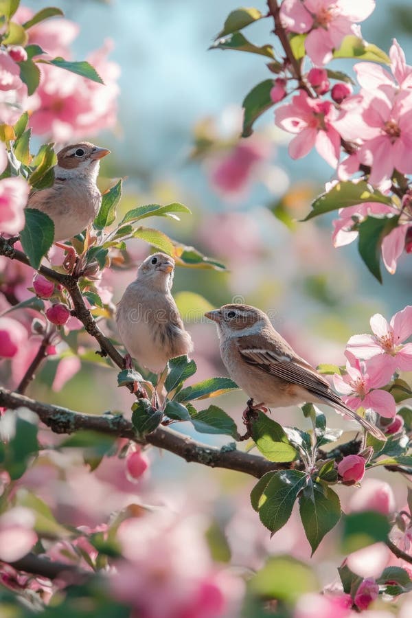 Two Small Birds Perched on a Branch of a Tree Stock Photo - Image of ...