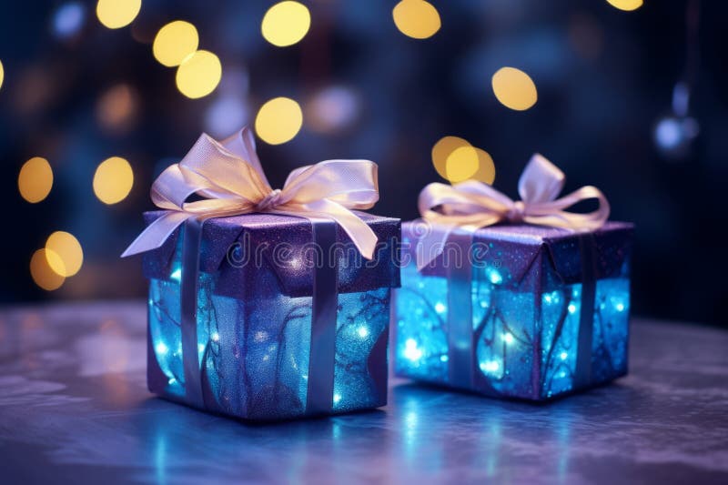 Two Small Boxes with Blue Lights on a Table in Front of a Christmas ...