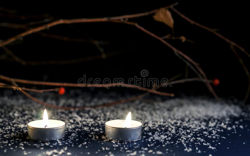 Two Small Burning Candles on the Table Stock Photo - Image of object ...