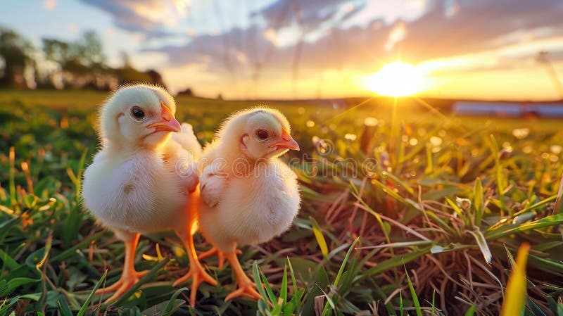 Two Small Chicken Chicks are Standing in Green Grass during the Sunset ...