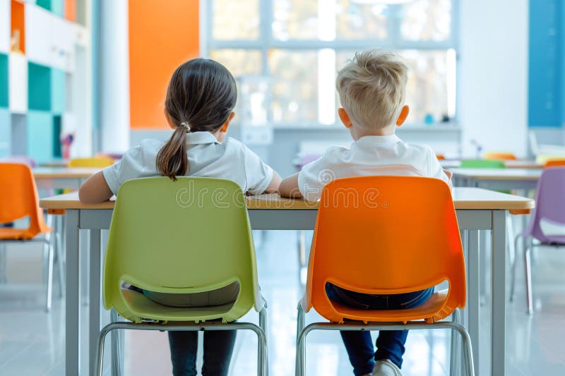 Two Small Children Sit Side by Side in a Colorful Classroom, Ready for ...