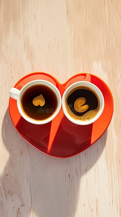 Two Small Cups of Coffee Accompanied by Heart Shaped Saucer Stock ...