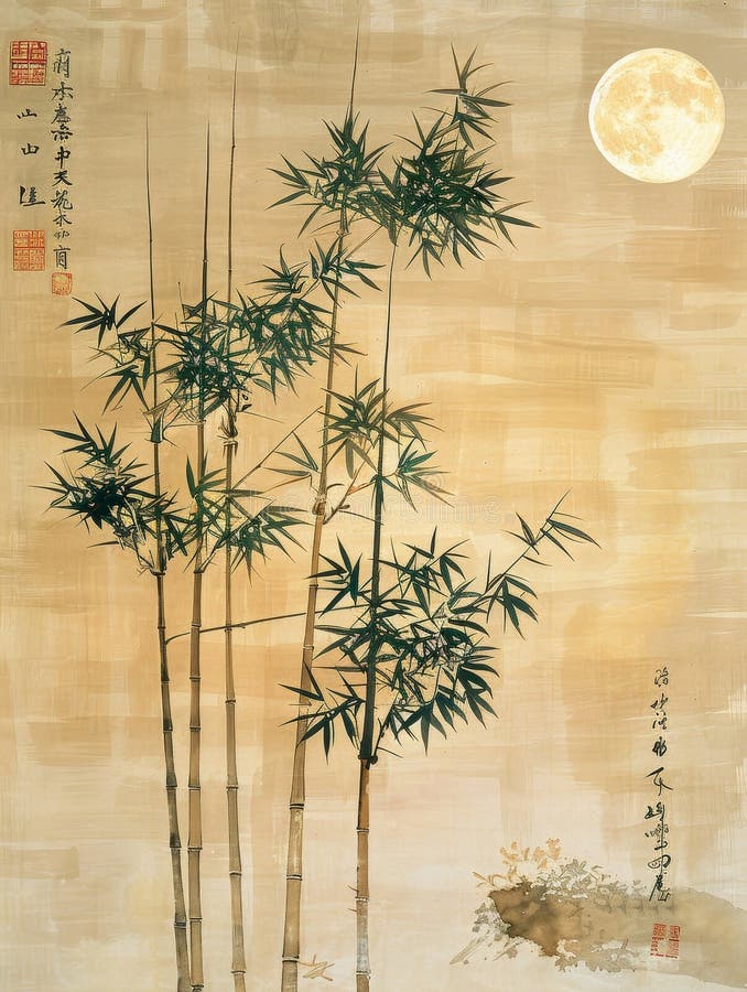 Two Small Curved Bamboo Trees Set Against a Light Beige Background with ...