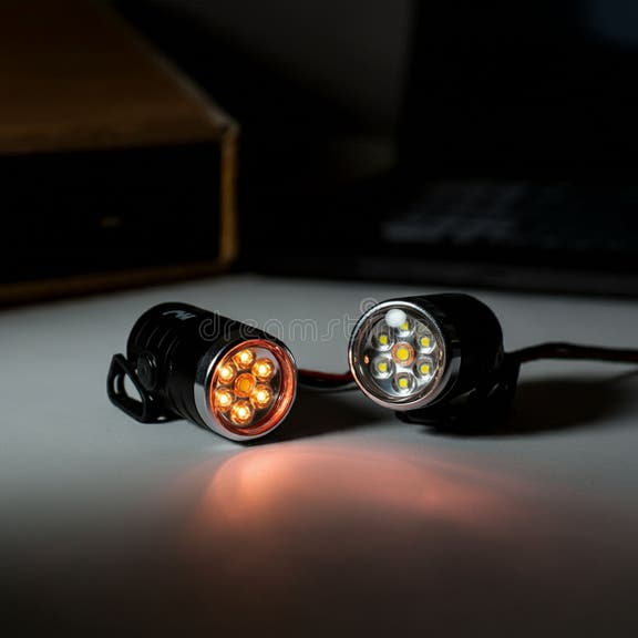 Two Small Cylindrical LED Lights are Placed on a Surface. the Left ...