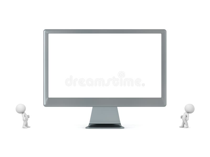 Two Small 3D Characters Looking Up at Large Computer Monitor Stock ...