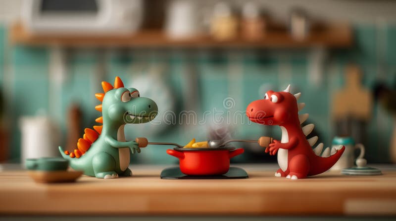 Two Small Dinosaur Figurines Cook Food in a Tiny Kitchen Stock Image ...