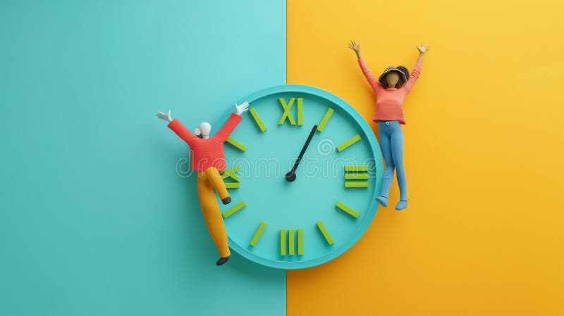 Two Small Figures Climbing a Large Clock Against a Split Teal and ...