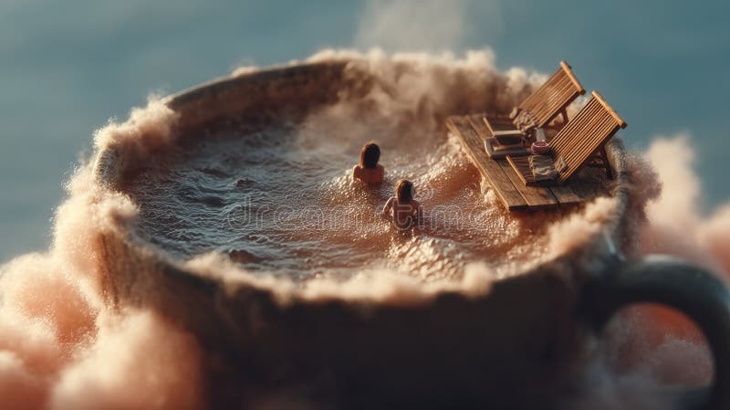 Two Small Figures Swim in a Warm, Cloudy Beverage Inside a Mug, with ...