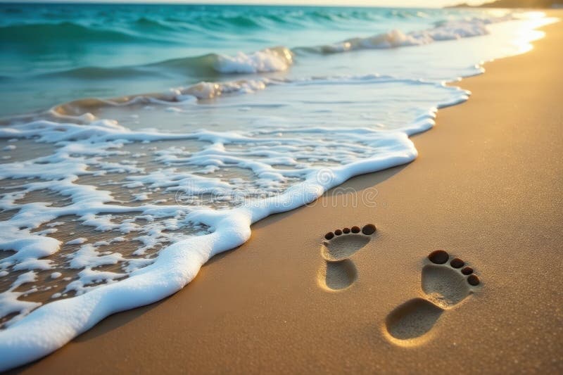 Two Small Footprints beside the Ocean, Waves Lapping Shore , Child ...