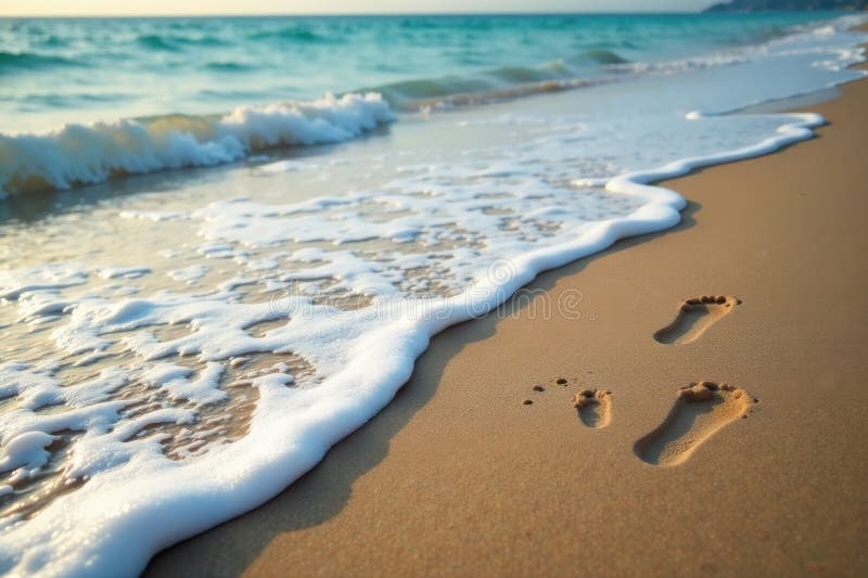 Two Small Footprints beside the Ocean, Waves Lapping Shore , Sand ...