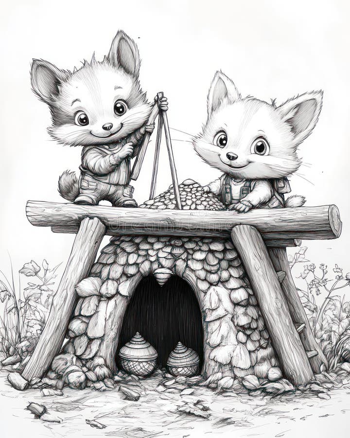 Cute Cartoon Foxes Building a Cozy Den Stock Illustration ...