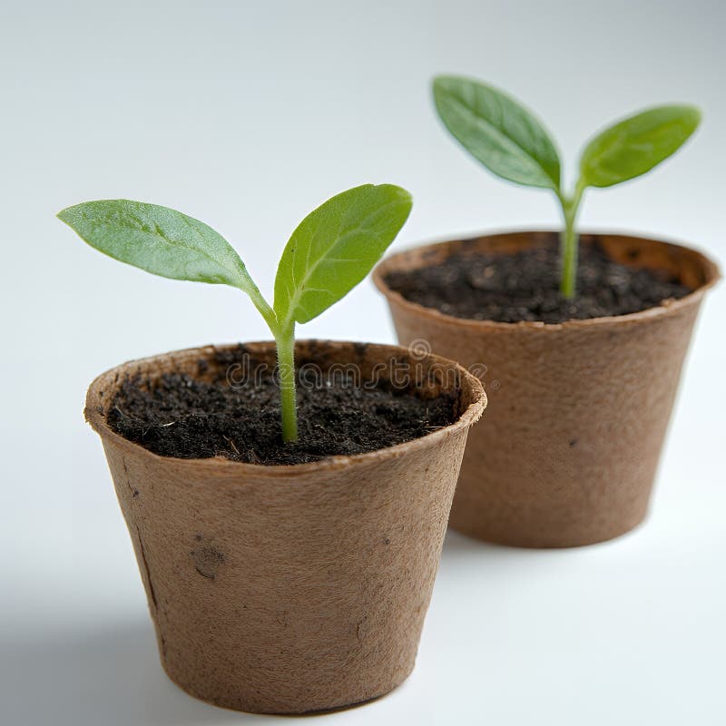 Two Small Green Seedlings Sprout in Biodegradable Pots Stock ...