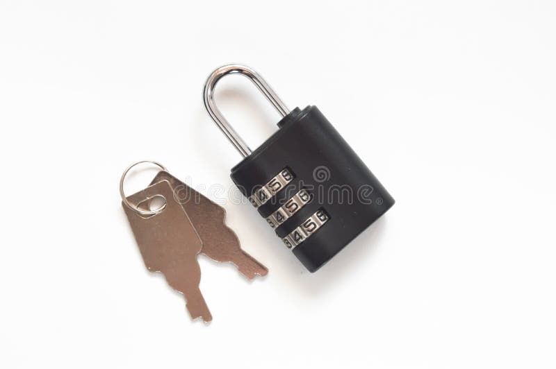 Two Small Keys and a Black Suitcase Lock on a White Background. Stock ...