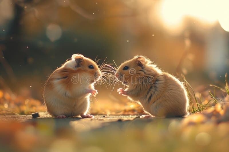 Two Small Hamsters Sitting Side by Side on a Surface, Possibly a Cage ...