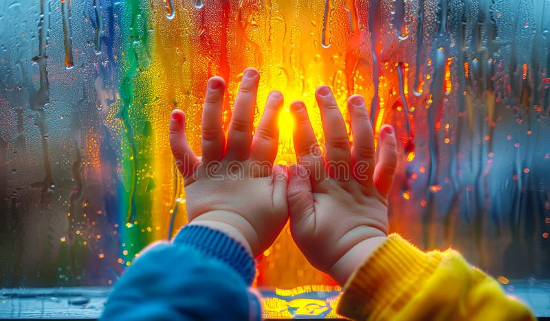 Two Small Hands are Touching a Window with a Rainbow on it. Scene is ...