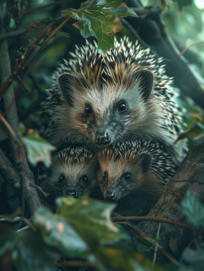 Two Small Hedgehogs Sit on the Top of a Tree Trunk, Surrounded by ...