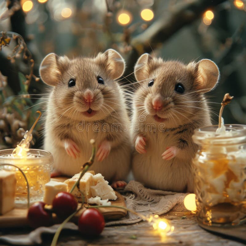 Two Small Mice are Seated on a Table, Consuming Their Meal. Stock Image ...