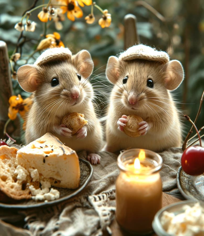 Two Small Mice are Seated on a Table, Consuming Their Meal. Stock Image ...