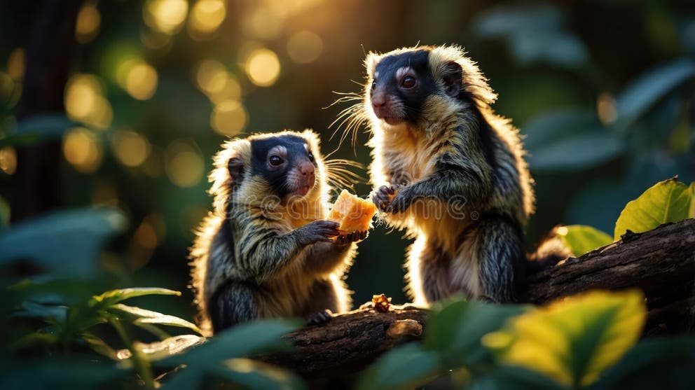 Golden-mantled Tamarin Monkeys Sharing Food at Sunset Stock ...