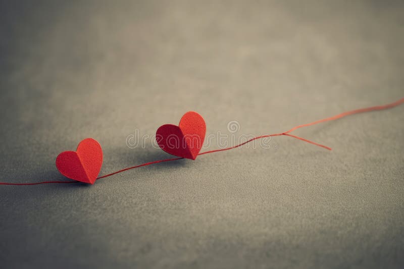 Two Paper Hearts Connected by a Red Thread on a Textured Gray Surface ...