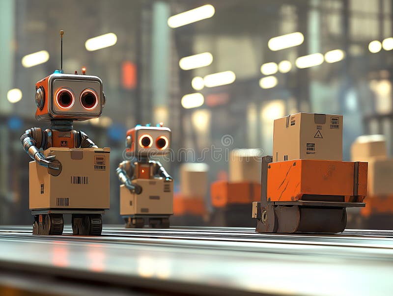 Two Small Robots Transporting Boxes in a Warehouse, Automated Logistics ...