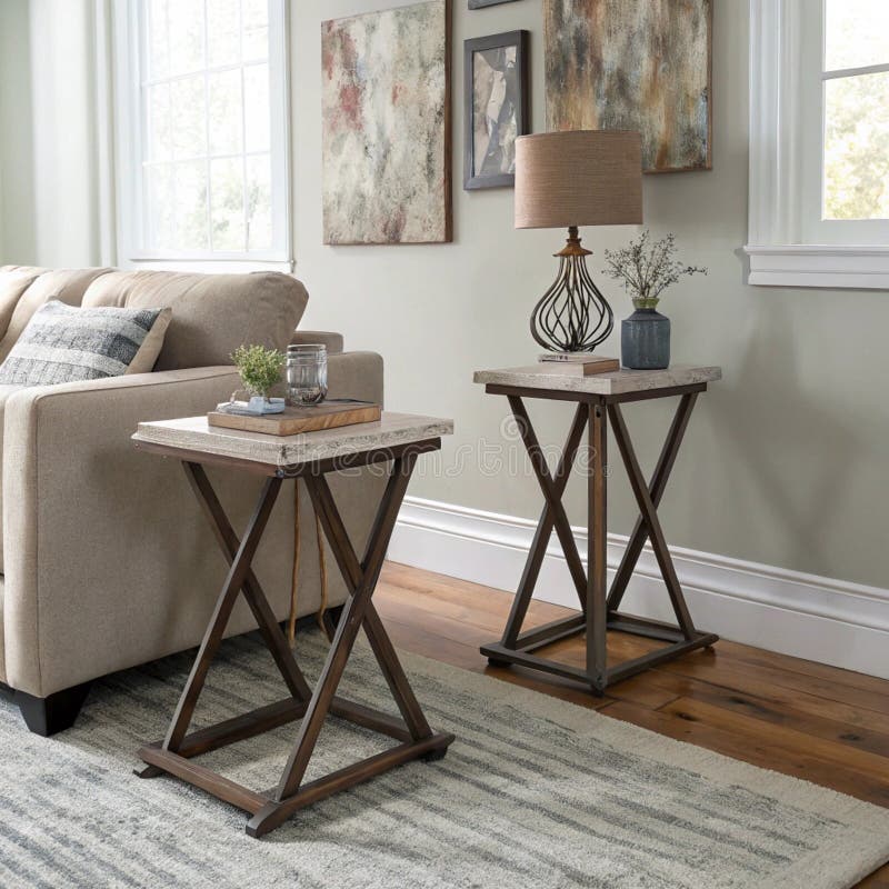 Two Small Tables Standing on a Soft, Grey Carpet by the Sofa in the ...