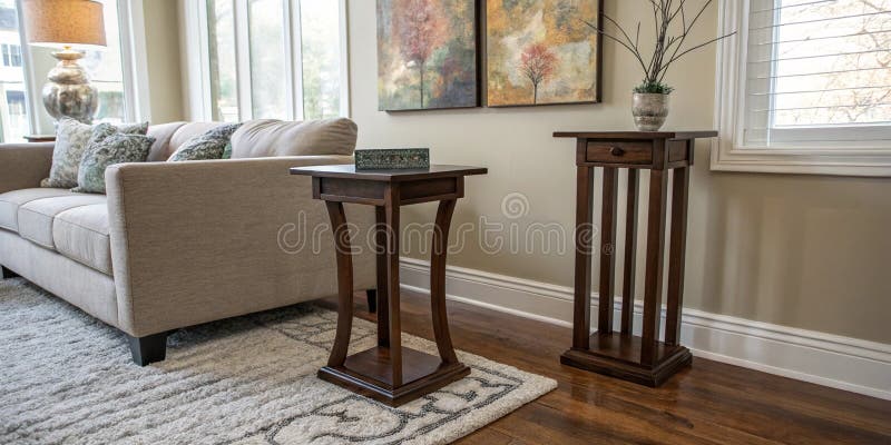 Two Small Tables Standing on a Soft, Grey Carpet by the Sofa in the ...