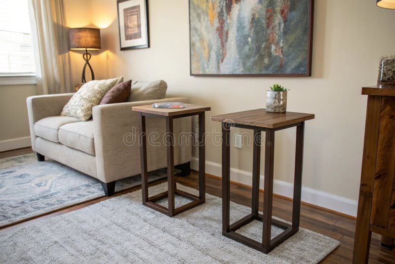 Two Small Tables Standing on a Soft, Grey Carpet by the Sofa in the ...