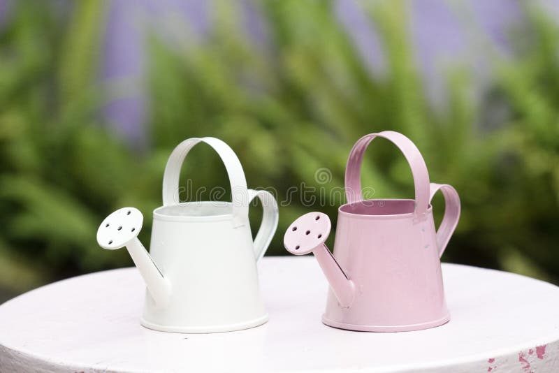 Two small watering can stock image. Image of pink, handle - 25991079