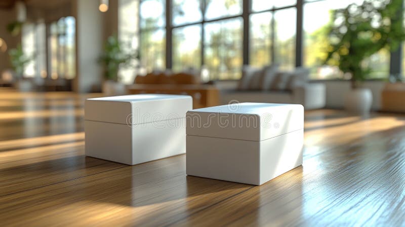 Two Small White Boxes Sit on a Wooden Floor Stock Photo - Image of ...