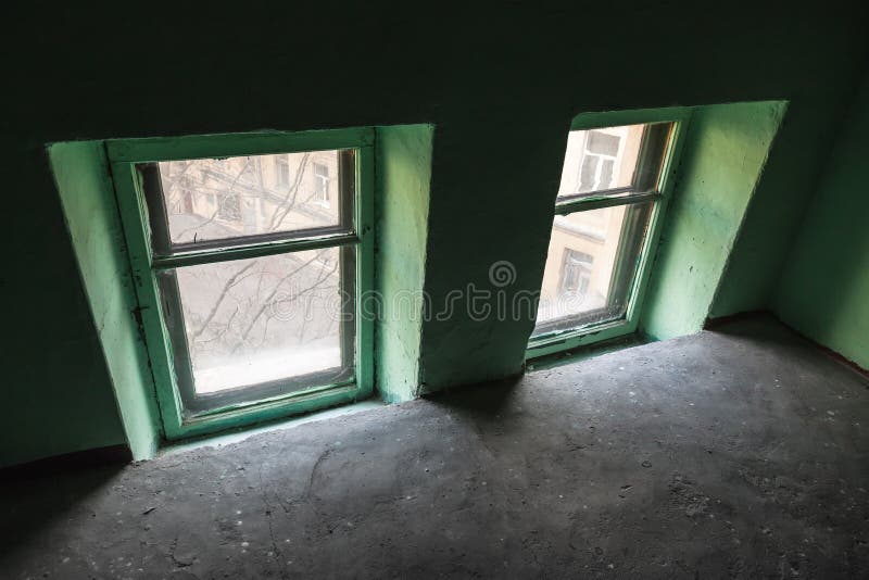 Two Small Windows in Green Wall, Urban Interior Stock Photo - Image of ...