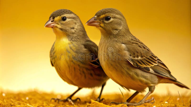 Two Small Yellow and Brown Birds Perched on a Yellow Surface Stock ...