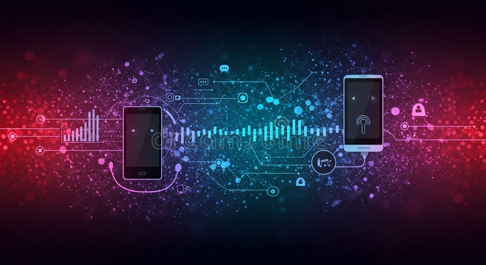 Two Smartphones are Connected in a Digital Network, Surrounded by ...
