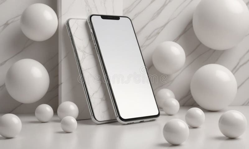 Two Smartphones are Placed on a White Marble Surface with White Spheres ...