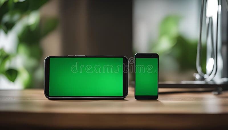Two Smartphones on a Wooden Table with a Green Screen Stock Photo ...