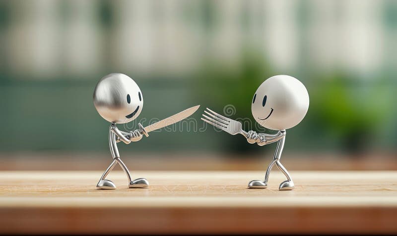 Two Smiley Silverware Characters Face Off for a Whimsical Duel on a ...