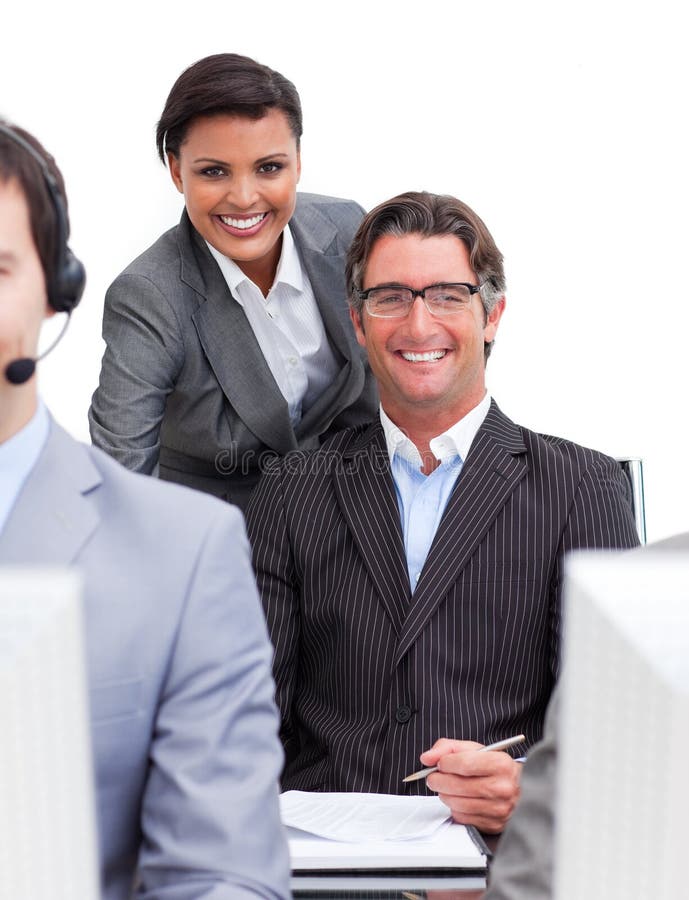 Two Smiling Colleagues at Work Stock Image - Image of office, glasses ...