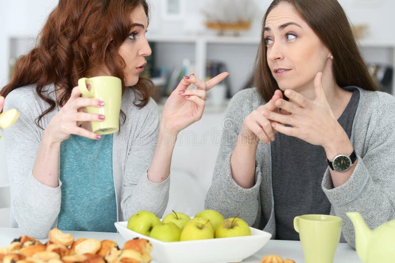 Portrait of Two Smiling Female Friends Sitting at Table Stock Image ...