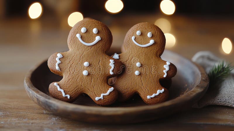 Two Smiling Gingerbread Men on Wooden Plate Stock Illustration ...